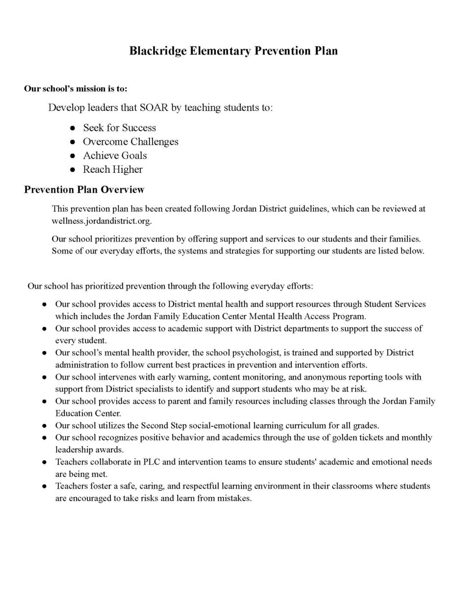 School Prevention Plan – Blackridge Elementary